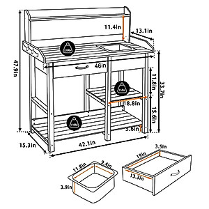 MUPATER Potting Bench Garden Table for Outdoors with Removable Stainless Sink, Planting Work Bench with Storage Shelves and Drawer, Natural Wood