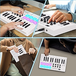 25 Key Bluetooth USB MIDI Keyboard Controller With 8 Backlit Drum Pads, Portable Rechargeable Dynamic Keybed 8 Knobs and Music Production, Smart Chord, Scale Modes, Software Included (White)