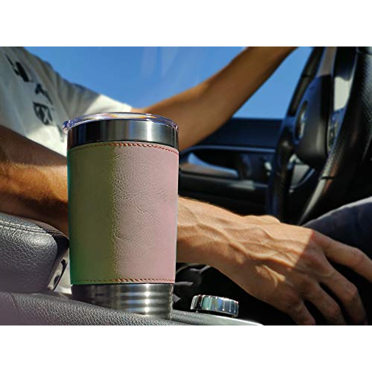 LaserGram 20oz Vacuum Insulated Tumbler Mug, Railroad Crossing Sign 1, Personalized Engraving Included (Faux Leather, Light Brown)