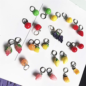 DAMLENG 12 Pairs Creative Cute Simulation Fruits Dangle Drop Earrings Sets Statement Handmade Lemon Strawberry Hoop Earrings For Women Jewelry Gifts (12 Pairs Fruits Earrings)