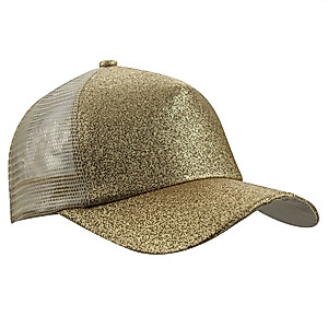 Womens Summer Glitter Messy Bun Mesh High Ponytail Baseball Tennis Sun Hat Cap Gold