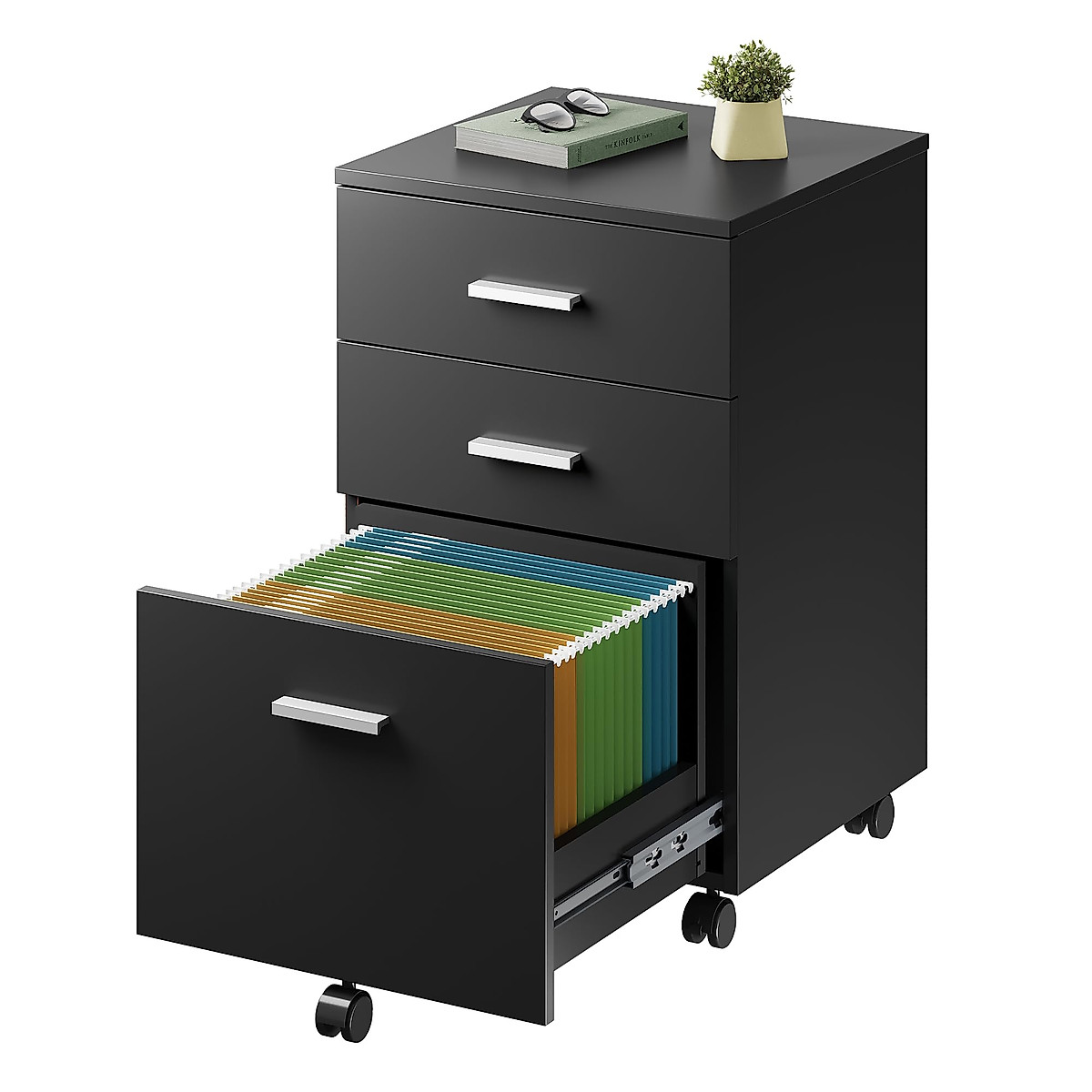DEVAISE 3 Drawer Wood Mobile File Cabinet, Rolling Filing Cabinet for Letter/A4 Size, Black