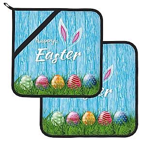Funny Easter Bunny Colorful Eggs Pot Holders Sets 2-Piece Set Washable Decorative Kitchen Gift for Cooking Baking BBQ