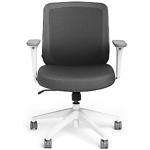 Poppin Mid Back Max Task Chair - Dark Gray Cushions + White Frame, Curvy Mesh Backrest, Adjustable Recliner, Armrest and Height Settings, 5 Caster Wheels for Easy Movement