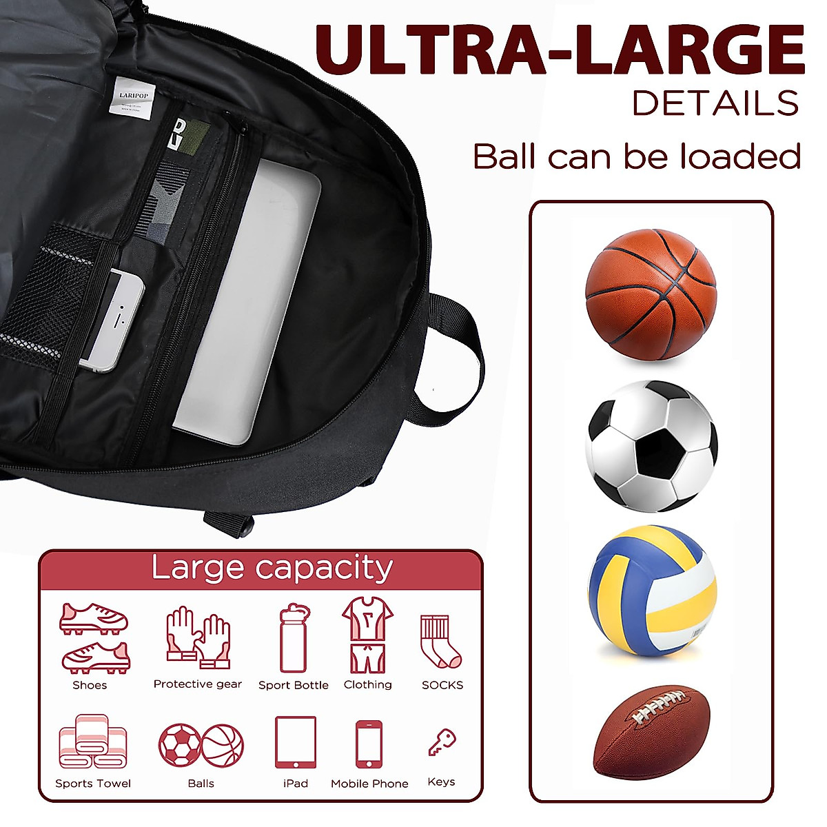LARIPOP Boys Soccer Bag - Soccer Backpack, Colorful Waterproof Sports Bag Suitable for Volleyball, Basketball Accessories, Large Capacity Equipment Bag, with Ball Compartment and Laptop Compart