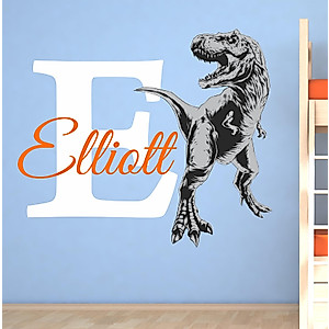 Boys Nursery Blue T Rex, Tyrannosaurus Dinosaurs Personalized Custom Name Initial Vinyl Wall Decal Decor Stickers, Customized Nursery Dino Theme, (Multiple Size Choices) (White Initial/Grey Dinosaur)