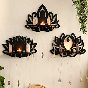 Artilady Lotus Flower Crystal Shelf -3 Pack Floating Shelves for Wall Bedroom Decor Black Cute Display Shelf for Crystals and Stones Aesthetic Boho Room Decorations Witchy Gift for Women…