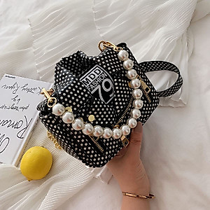 Women Motorcycle Shoulder Crossbody Bags Chain Jacket Bags Wave Point Messenger Bag Leather for Girls Purse (Black)