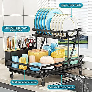 YKLSLH Dish Drying Rack, Collapsible 2 Tier Dish Racks for Kitchen Counter, Durable Dish Drainer with Utensil Holder-Kitchen Drying Rack, Black