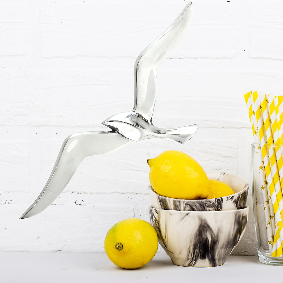 WHW Whole House Worlds Americana Flying Sea Gull Wall Sculpture, Handcrafted, Cast of Fine Silver Aluminum, 14 x 5 Inches (36 cmx 14 cm)