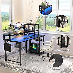 Besiost Gaming Desk with Lights & Power Outlets, 39.4' Computer Desk with Shelves, Small Desk for Small Space, Writing Desk with Monitor Stand, Black