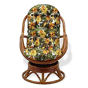 Bali Lounge Swivel Rocking Chair with Floral Cushion Natural Rattan Wicker Handmade, Colonial