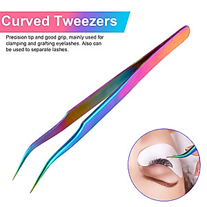 2 Pieces Straight and Curved Tip Tweezers Eyelash Extension Tweezers, Stainless Steel False Lash Application Tools (Iridescence)