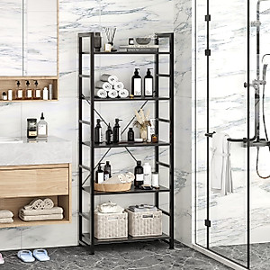 VERMESS Bookshelf Black, 5 Tier Shelving Unit Tall Book Shelf, Wood Bookcase with Open Shelves, Industrial Standing Storage Bookshelves Metal Display Rack for Living Room, Bedroom, Home, Office