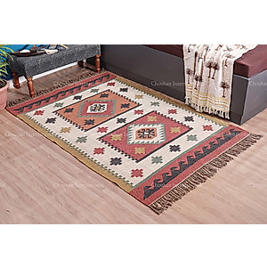 Chouhan International Kilim Rug Wool Jute Rug, Kilim Dhurrie Wool and Jute Rug Handmade for Living for Room (8x10 Ft) KLM- 11