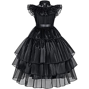 Wednesday Addams Dress Up Costume for Girls Birthday Halloween Cosplay Party with Wig Socks Belts 10-11 Years (150cm)