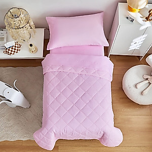 Pink Quilted Toddler Bedding Set 4 Pieces Summer Toddler Bed Quilt Set Includes Toddler Size Bedspread, Flat Sheet, Fitted Sheet and Pillowcase