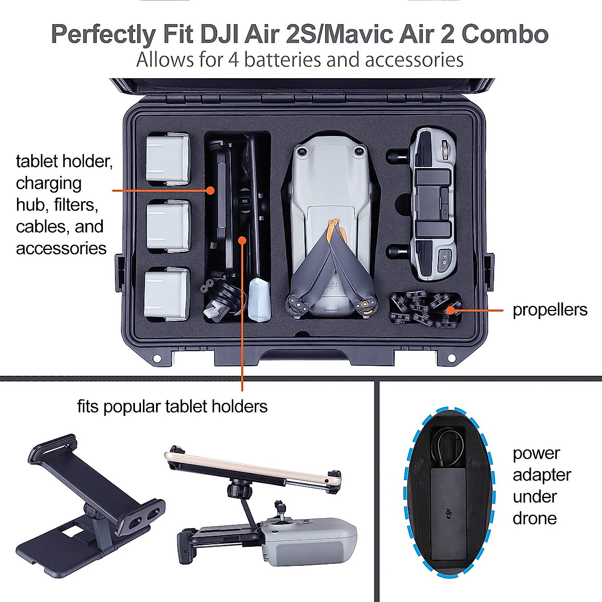 Lykus Titan MA220 Waterproof Hard Case for DJI Air 2S/Mavic Air 2 Fly More Combo, Dedicated Space for up to 11-inch iPad or Android Tablets and Holder [CASE ONLY]