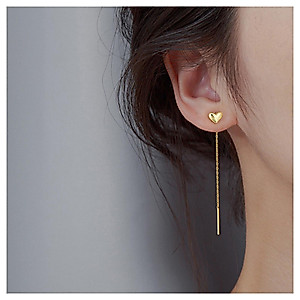 Allereyae Vintage Heart Threader Earrings Heart Ear Threader Earrings Long Chain Earrings Gold Bar Dangle Earrings Jewelry for Women and Girls (Gold)