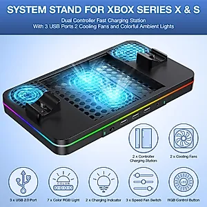 Vertical Charging Stand for Xbox Series X/S with Cooling Fan, Fast Charging Station with 2 X 1100 mAh Rechargeable Battery, Dual Controller Charger Station Accessories with 3 USB Ports&2 Headset Stand