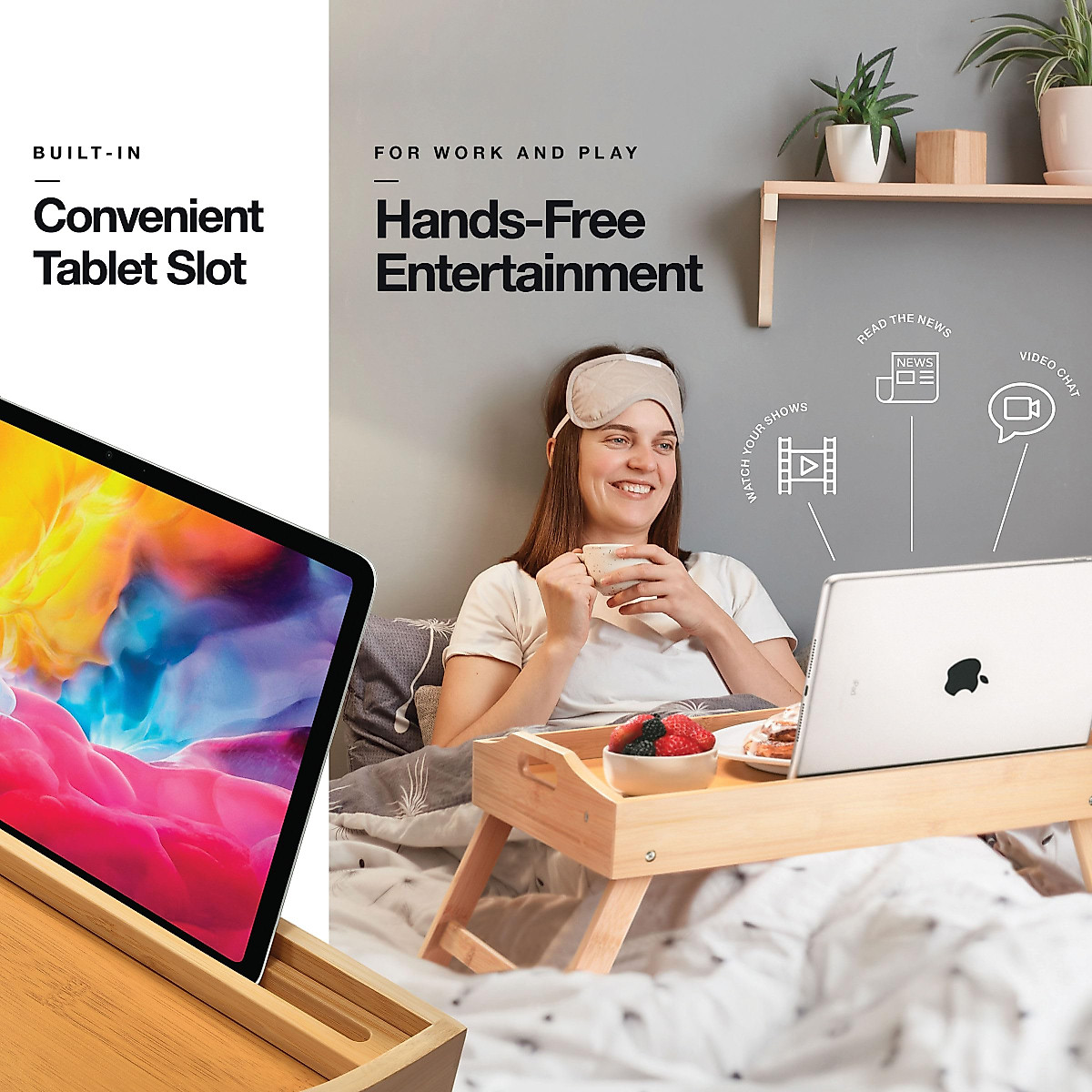 Bed Table Tray with Folding Legs, Laptop Holder and Handles - Breakfast Tray Bamboo Bed Tray for Eating, Sofa, Bed, Food Trays for Eating on Couch, Snacking and Working