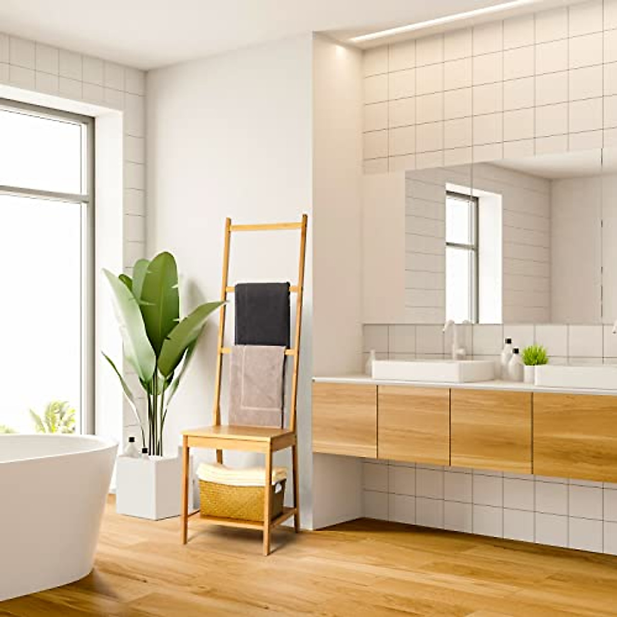 HYNAWIN Bamboo Bath Towel Rack, Multifunctional Bathroom Floor Shelf, Floor Storage Rack, Chair with Towel Rack, for Bathrooms and Bedrooms