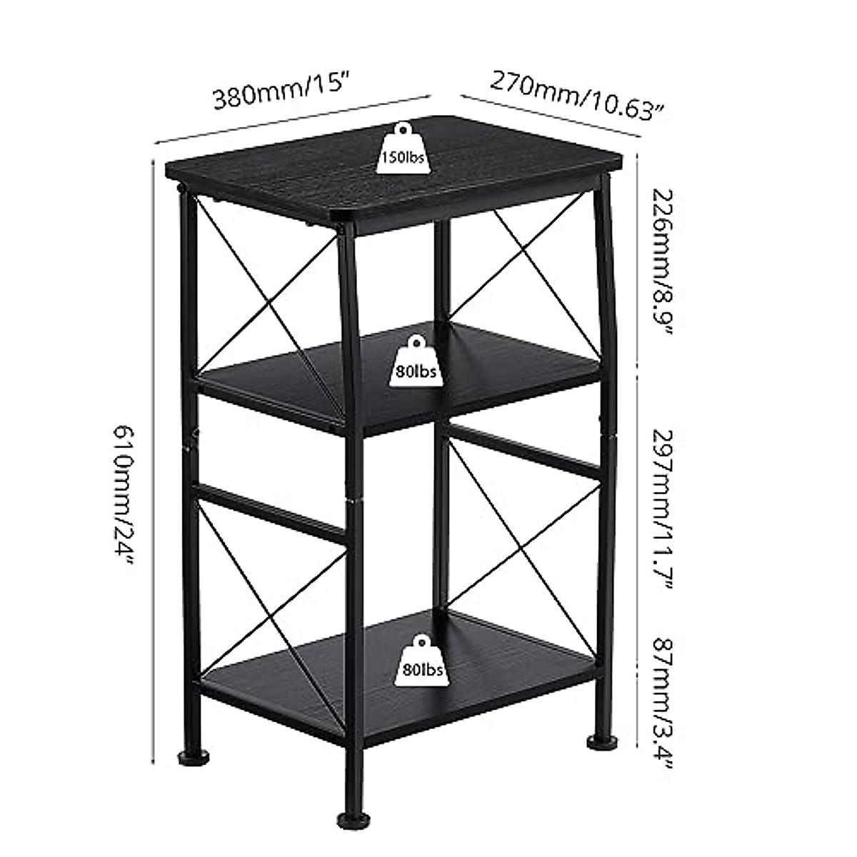ruboka 3-Tier Small End Table, Small Side Table with Storage Shelf, Small Bookshelf with Metal Frame for Small Spaces, Nightstand, Bookcase, Display Rack for Bedroom, Living Room (Black)