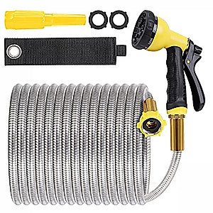 AMLEGEN Metal Water Garden Hose 50ft - Heavy Duty Stainless Steel, 8-Function Sprayer & Adjustable Nozzle, Lightweight & Flexible, Tangle Free & Kink Free, Dog Proof, for Lawn/Yard/Outdoor/RV