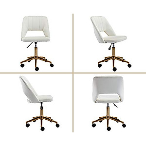 Guyou Desk Chair Armless Office Chair Gold and White, Upholstered Velvet Home Office Chair Cute Vanity Stool for Small Space Teens Study Makeup with Hollow Back, White