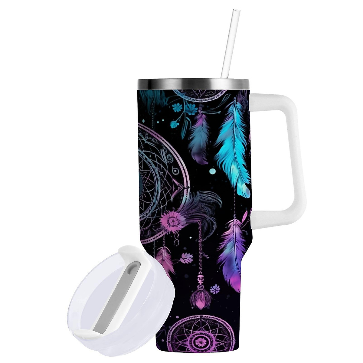 FLildon 40oz Tumbler with Handle and Straw Lid, Purple Dream Catcher Insulated Coffee Mug Stainless Steel Water Bottle Leakproof Vacuum Travel Coffee Cup