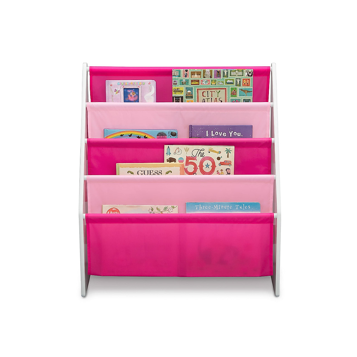 Delta Children Sling Rack Bookshelf for Kids - Easy-to-Reach Storage for Magazines or Coloring Books - Ideal for Playrooms & Homeschooling - Greenguard Gold Certified, White/Pink