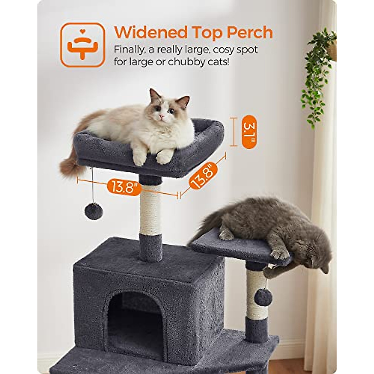 Feandrea Cat Tree, 75.2-Inch Cat Tower for Indoor Cats, Plush Multi-Level Cat Condo with 5 Scratching Posts, 2 Perches, 2 Caves, Hammock, 2 Pompoms, Smoky Gray UPCT191G01