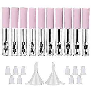 GTHER 10PCS 10ML Empty Mascara Tube Bottle with Eyelash Wand & Rubber Inserts & Funnels Set for Castor Oil/Eyelash Growth Oil, DIY Mascara Eyelash Cream Container with Cap, Matte Pink