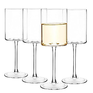 Red or White wine glasses 15oz Hand Blown Premium Crystal square wine glass set of 4 Unique Large Wine Glasses Long Stem for men or women Wedding, Anniversary, Christmas