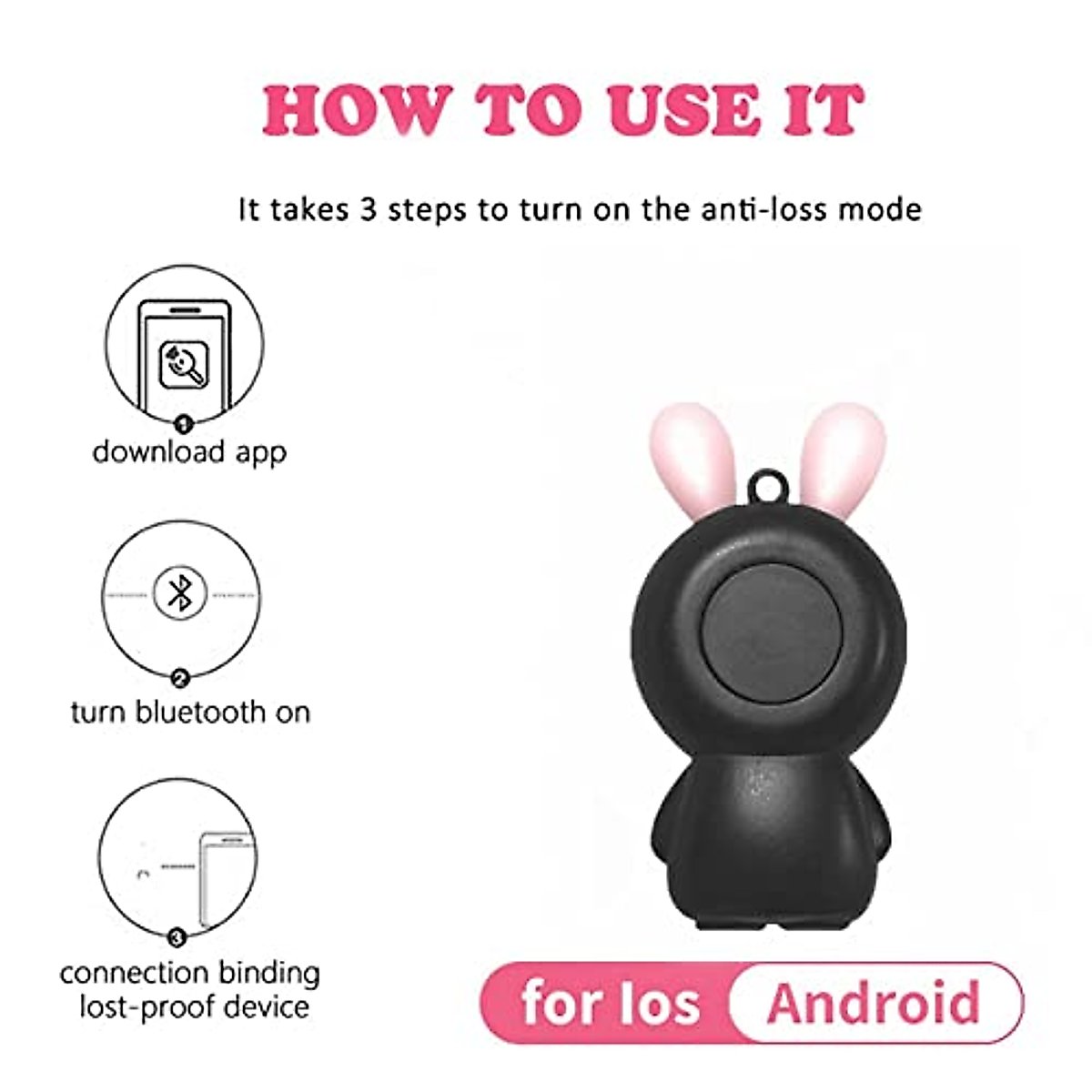 Portable Rabbit-Shape Locator Mini Anti-Loss Device Waterproof Bluetooth 5.0 Mobile Tracking Bluetooth GPS Locator for Pet Keychain Bag, Black, 1PC