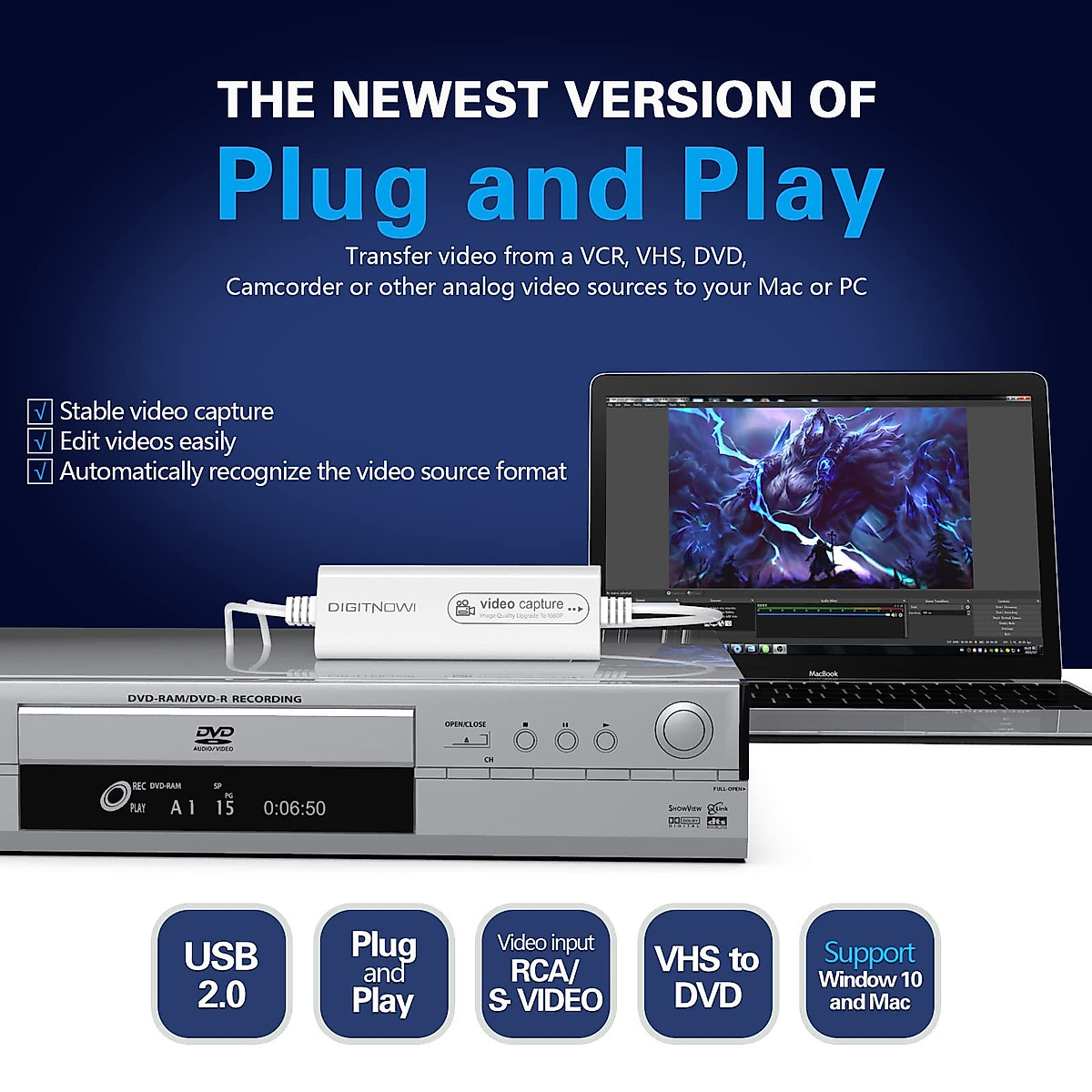 DIGITNOW USB 2.0 Video Capture Card- Pro+ Version VHS to Digital Converter 1080P 30Hz , Suitable for Mac OS, iPad, Android, WinXP/7/8/10