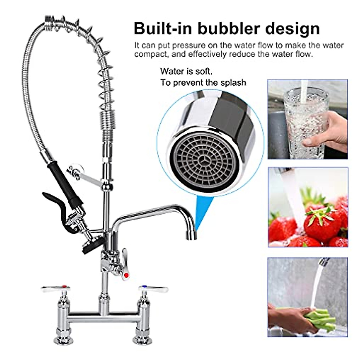 XIUBE Commercial Sink Faucet with Pre Rinse Sprayer, 8 Inch Center 27 inch Height Deck Mount Commercial Kitchen Sink Faucet with 12inchSwing Spout Fit for Kitchen Restaurant, Brass Chrome