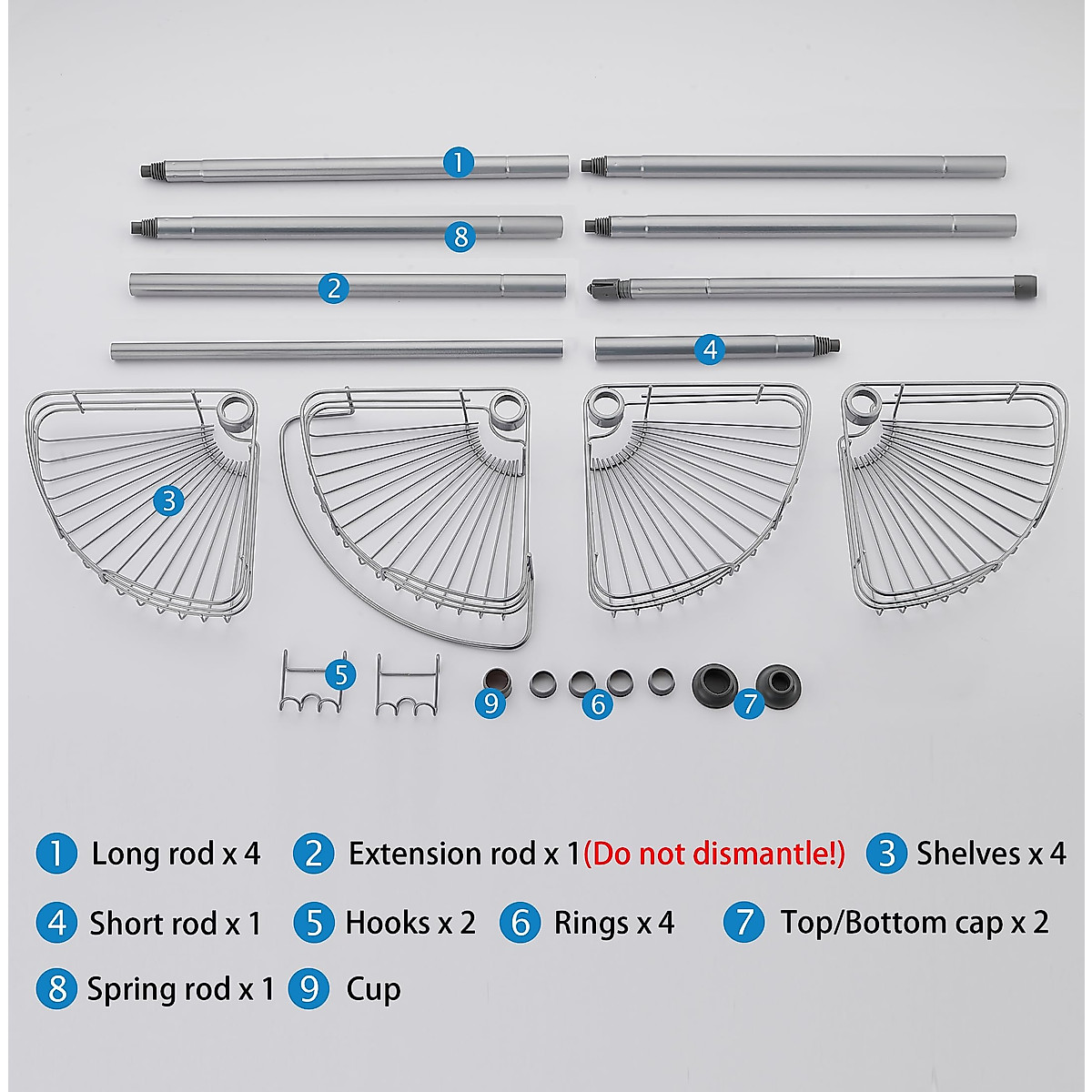 WPT Grey Shower Caddy Tension Pole for Bathroom, Stainless Steel Corner Shower Caddy Organizer Stand for Bathtub Shampoo Storage, 4 Tier Adjustable Shelves, 28.7 to 104.7 Inches