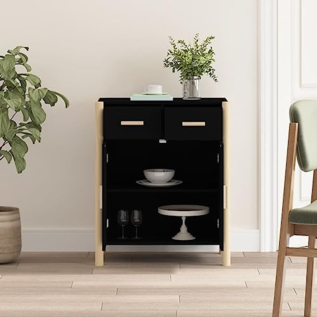 loibinfen Modern Sideboard with 2 Drawers and 2 Compartments, Buffet Sideboard Storage Cabinet Console Table Kitchen Dining Room Furniture Organizer, Entryway Cupboard, 24.4"x15"x29.5" Black -AA