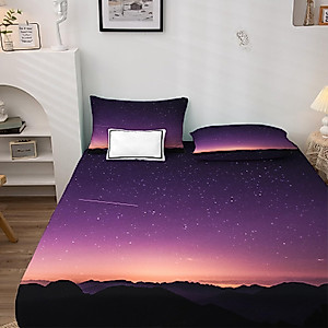 Stars Sheets Full Size, Sunset Bed Sheets, Patterned Bedding Sheets & Pillowcases 4 Piece Set - Soft Microfiber Deep Pocket Fitted Sheet & Flat Sheet & 2 Pillow Cases L2-&-299