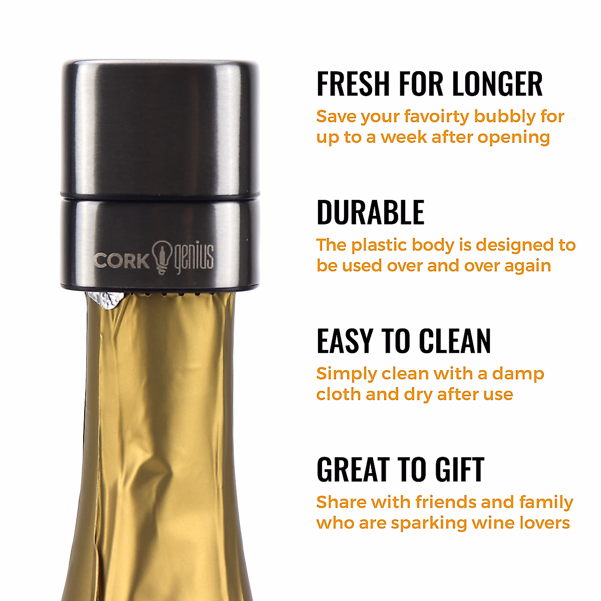 Cork Genius Champagne Stopper for Bottles, Silicone Sealed Champagne Bottle Stopper, Leakproof Sparkling Wine, Prosecco, or Champagne Saver and Sealer, Gift Accessory for Champagne