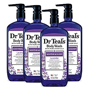 Dr Teal's Body Wash with Pure Epsom Salt, Soothe & Sleep with Lavender, 24 fl oz (Pack of 4) (Packaging May Vary)