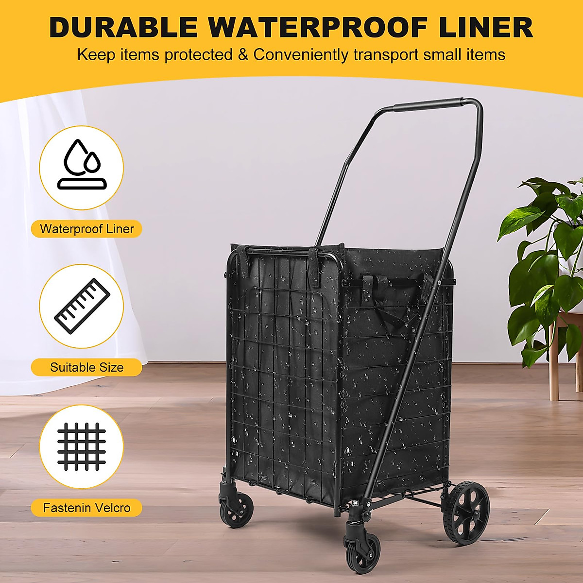 Realife Foldable Shopping Cart with Liner, Portable Utility Cart with Wheels for Grocery and Heavy Duty, 120lbs, Black
