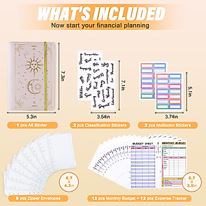 Bienbee Budget Binder, A6 Binder with Zipper Envelopes Money Organizer for Cash Budget Planner with Cash Envelopes for Saving for Girls Women, Golden Sun Moon