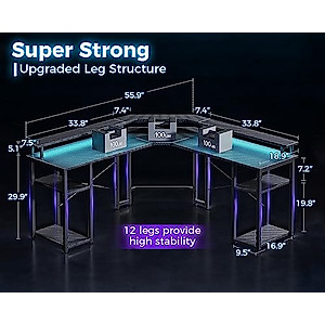Coleshome L Shaped Gaming Desk with LED Lights & Power Outlets, Reversible 56" Computer Desk with Full Monitor Stand & Storage Shelves, Ergonomic Home Office Corner Desk, Black Carbon Fiber