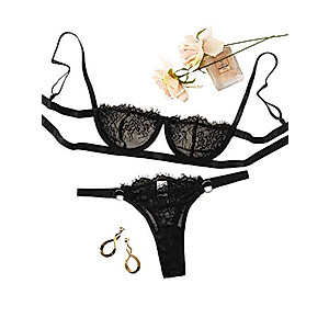 SheIn Women's 2 Piece Sexy Lace Strap Bralette Bra and Panty Lingerie Set Push Up Black Small