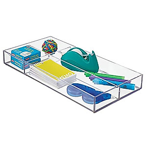 mDesign Plastic Stackable Office Divided Storage Drawer Organizer Tray for Cabinet, Desk, Shelf, or Closet Organization - Holds Note Pads, Pens, Tape, Staples, Scissors, Lumiere Collection - Clear