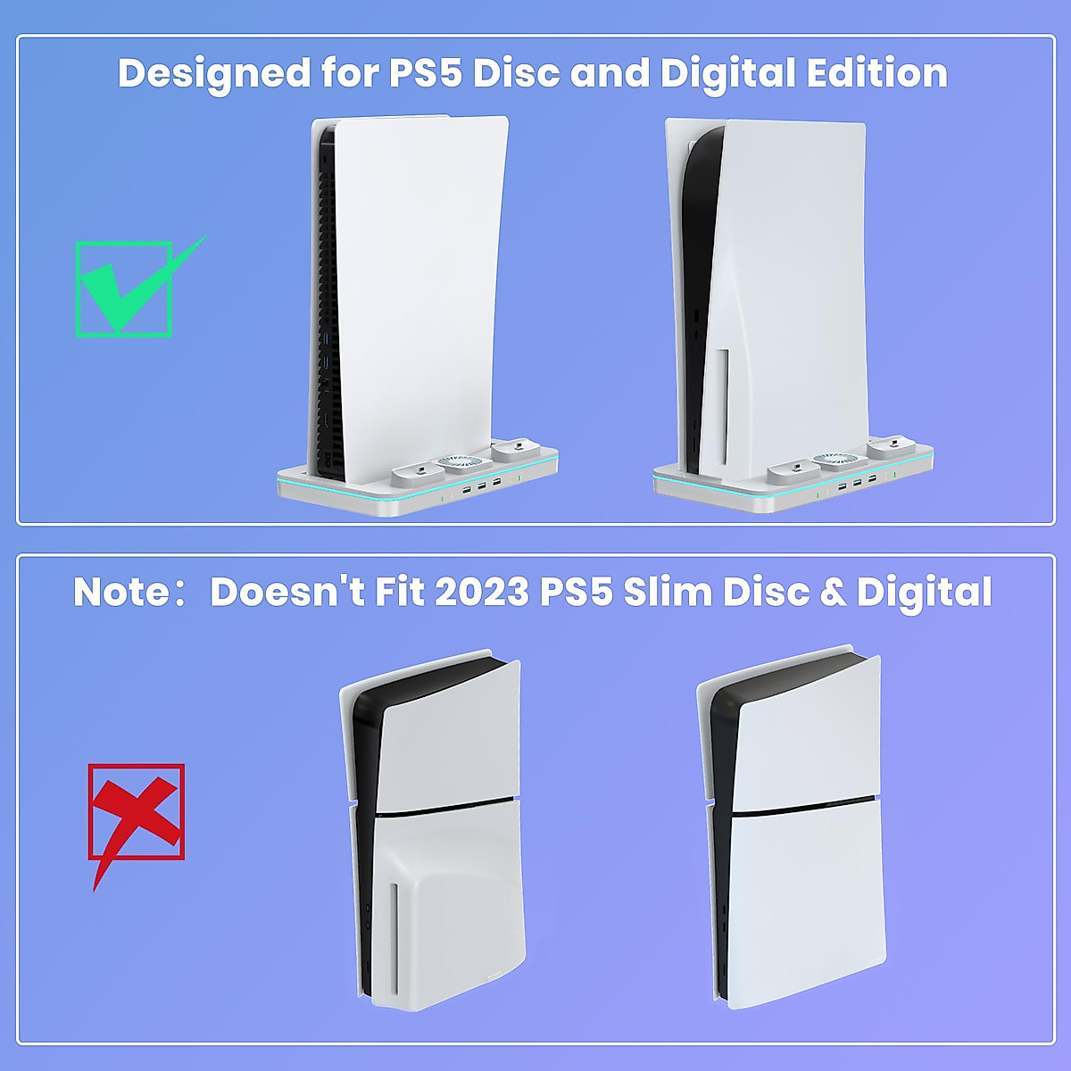 CODOGOY Upgraded PS5 Cooling Stand with Controller Charger, Cooling Station for PS5 Disc & Digital Editions, 2 Levels Adjustable Fans Speed, PS5 Charging Docking Station with 3 USB Ports (White)