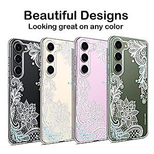 Coolwee Clear Glitter for Samsung Galaxy S23 Case, 6.1 inch, Anti Yellowing Military Grade Drop Protection Shockproof Flower Slim Crystal Bling Lace Floral Hard PC Soft TPU Bumper Cover Mandala Henna
