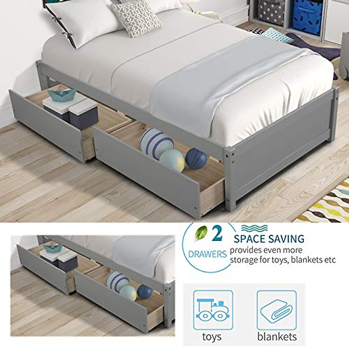 AOOSWEER Twin Platform Bed Frame with 2 Storage Drawers, Wood Twin Bed Frames for Kids Toddler Girls Boys, 10 Slats Support, No Box Spring Needed, Easy Assembly ( Twin, Dark Grey)